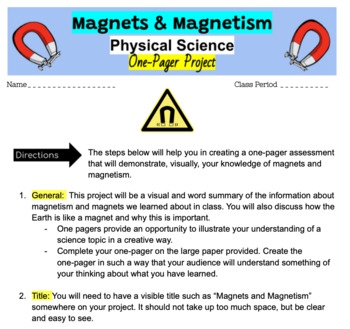 Magnets & Magnetism One Pager Project MS Physical Science Activity NGSS ...