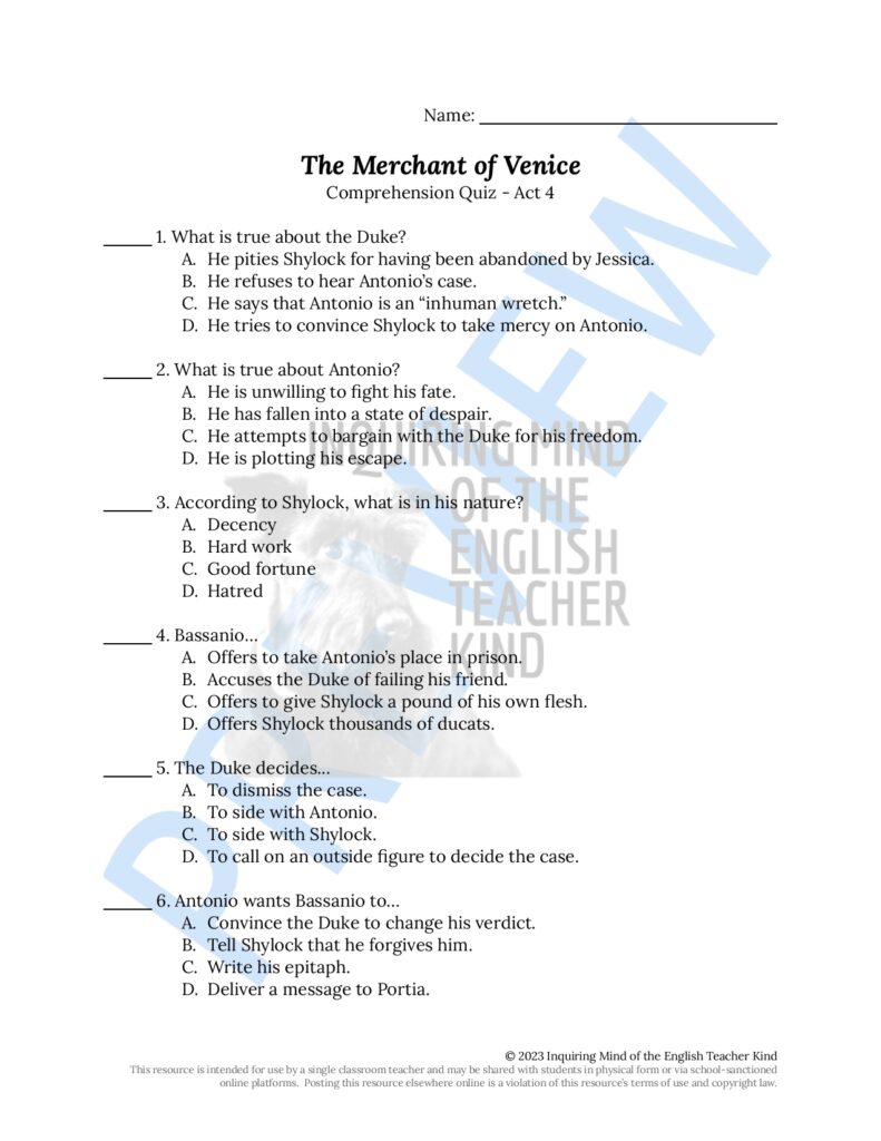 The Merchant of Venice Quiz and Answer Key Bundle | Made By Teachers