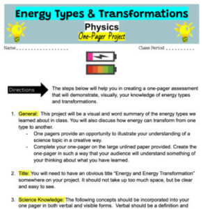 Energy Types & Transformations Activity STEM Physics One Pager Project ...