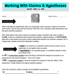 CER Claim and Hypothesis Writing STEM Activity Middle School NGSS SEPs ...