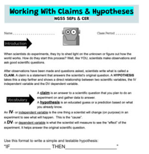 CER Claim and Hypothesis Writing STEM Activity Middle School NGSS SEPs ...