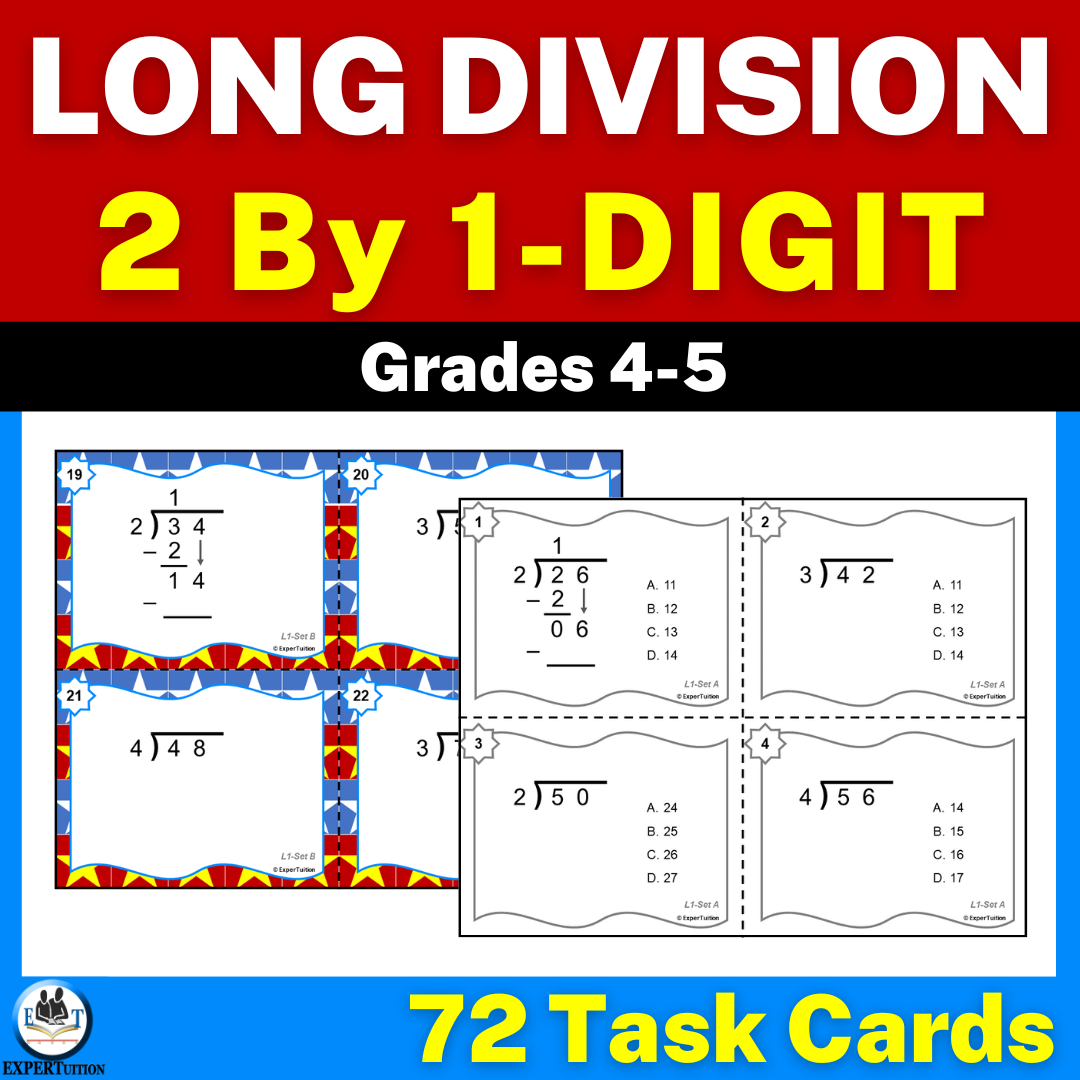 2 Digit by 1 Digit Long Division Practice Task Cards | With and Without Remainders | Made By ...