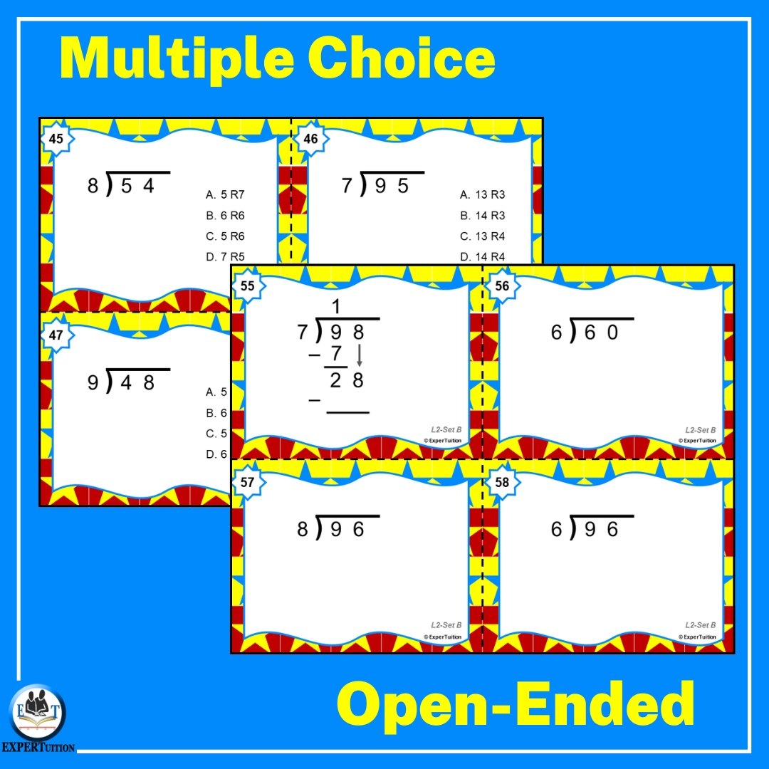 2 Digit by 1 Digit Long Division Practice Task Cards | With and Without ...