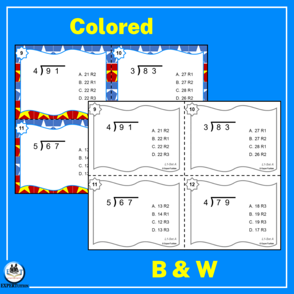 2 Digit by 1 Digit Long Division Practice Task Cards | With and Without ...