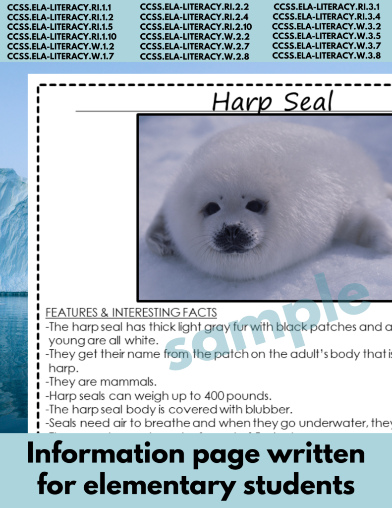 Harp Seal informational article for writing animal reports 1st grade ...