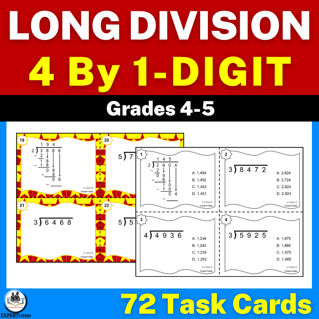 4 Digit by 1 Digit Long Division Practice Task Cards | With and Without ...