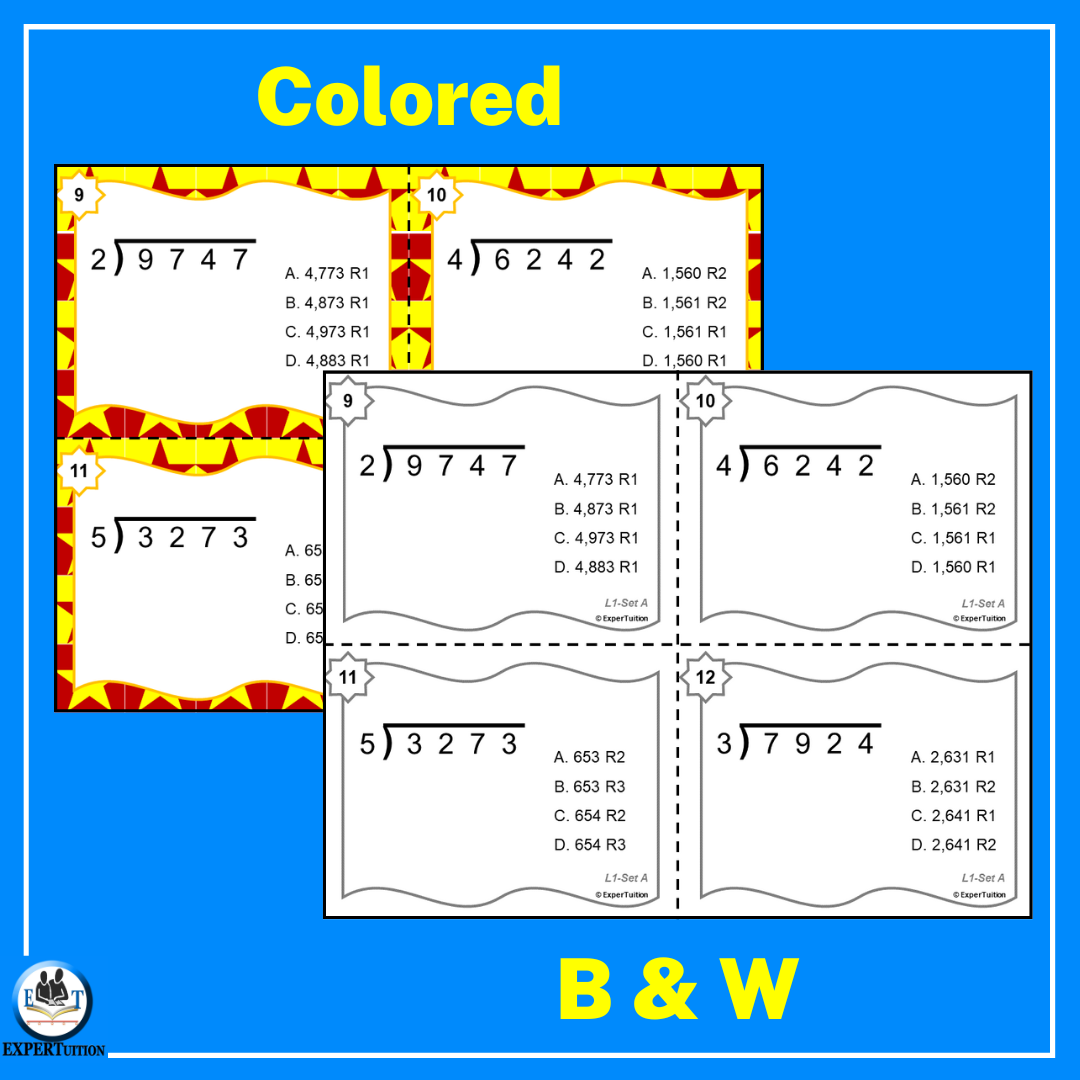 4 Digit by 1 Digit Long Division Practice Task Cards | With and Without ...
