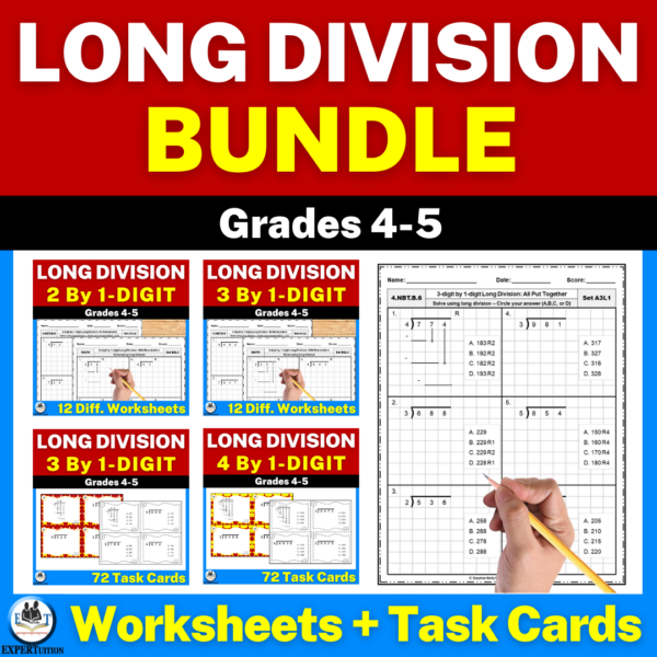 Long Division Practice Worksheets & Task Cards Bundle | With & Without ...