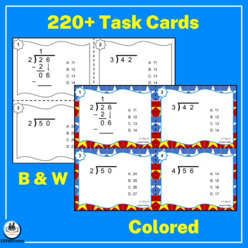 Long Division Practice Worksheets & Task Cards Bundle | With & Without ...