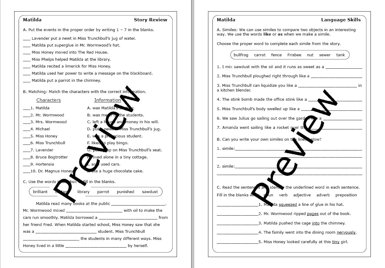 Roald Dahl "Matilda" worksheets | Made By Teachers