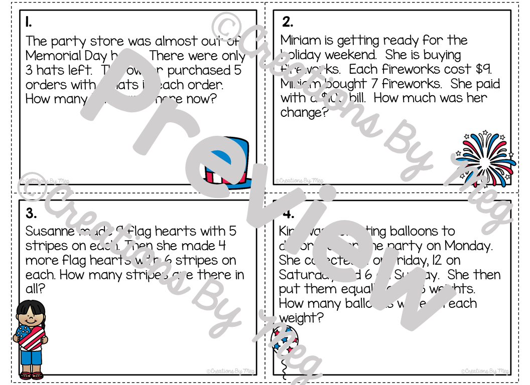 Memorial or Labor Day: Multi-Step Word Problem Task Cards for Third and ...