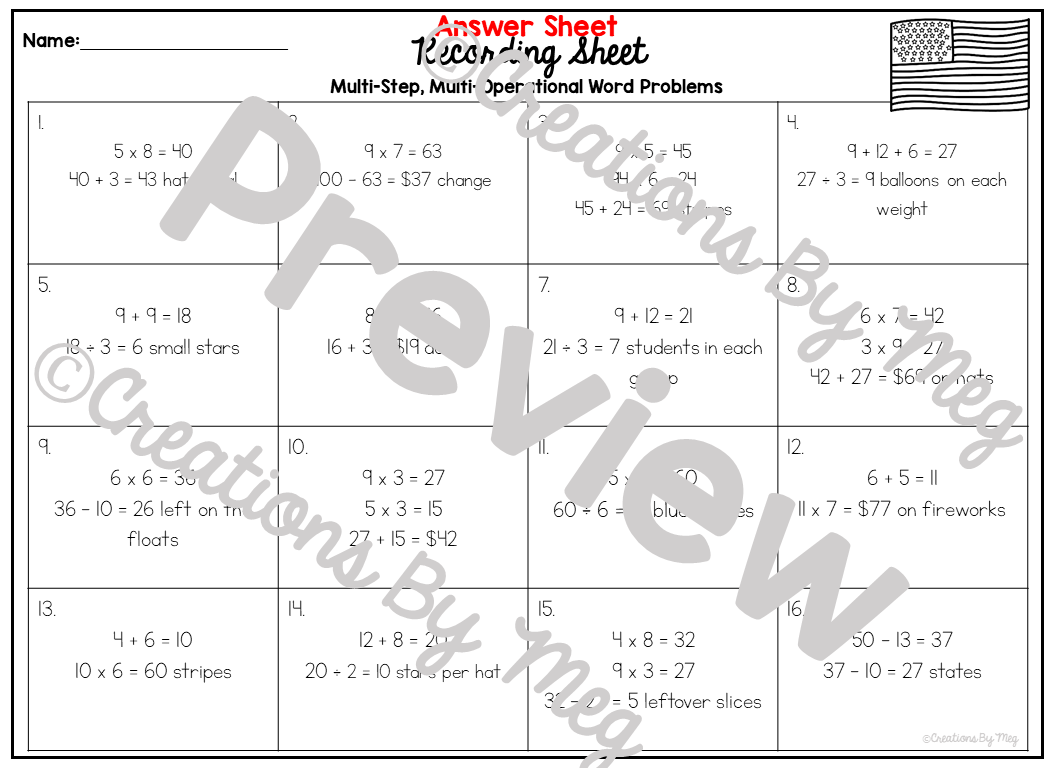 Memorial or Labor Day: Multi-Step Word Problem Task Cards for Third and ...