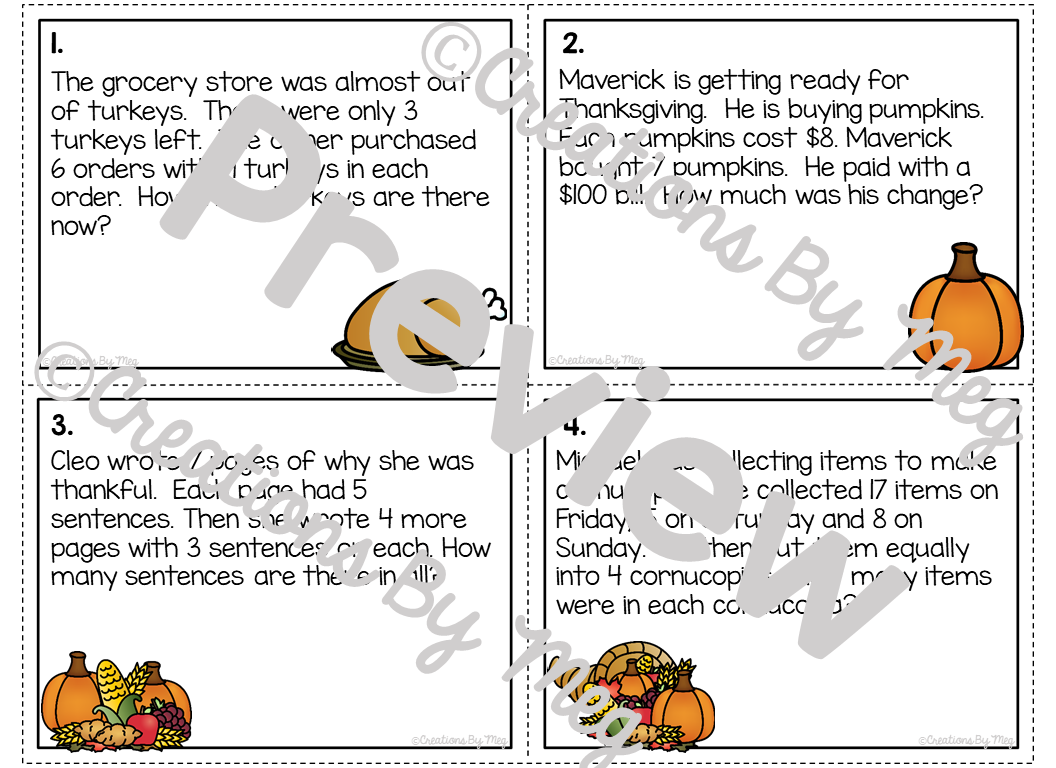 Thanksgiving: Multi-Step Word Problem Task Cards for Third and Fourth ...