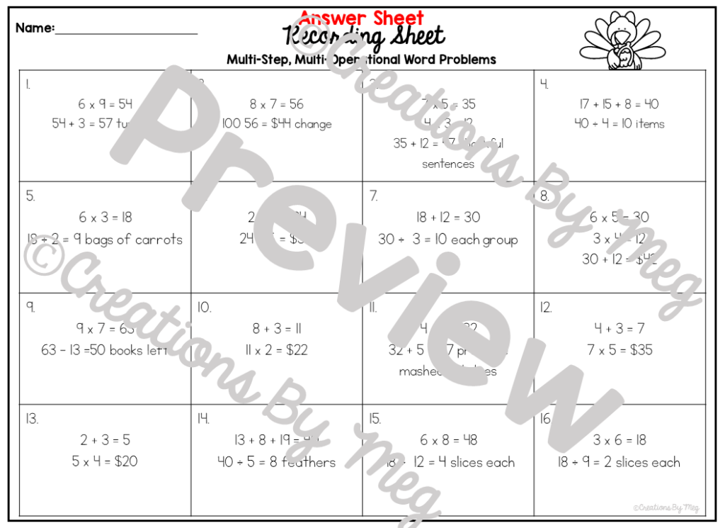 Thanksgiving: Multi-Step Word Problem Task Cards for Third and Fourth ...