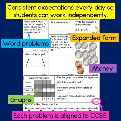 Math Spiral Review | 2nd Grade Daily Worksheets Morning Work Homework ...