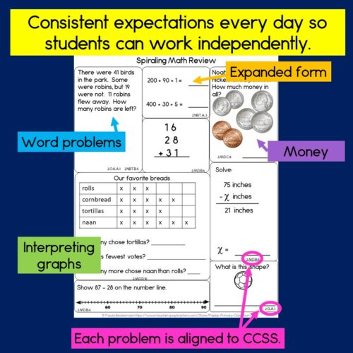 Math Spiral Review | 2nd Grade Daily Worksheets Morning Work Homework ...