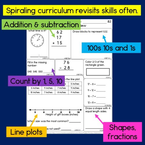 Math Spiral Review | 2nd Grade Daily Worksheets Morning Work Homework ...