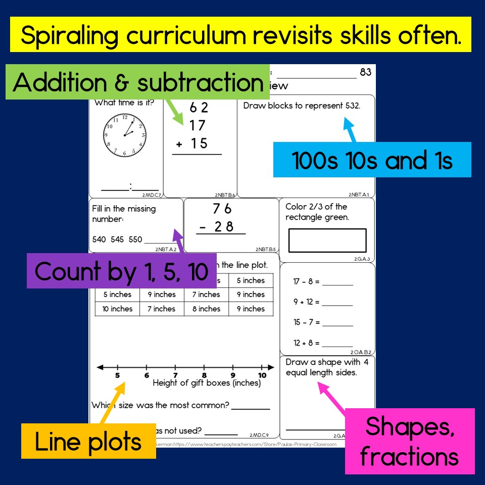 Math Spiral Review | 2nd Grade Daily Worksheets Morning Work Homework ...