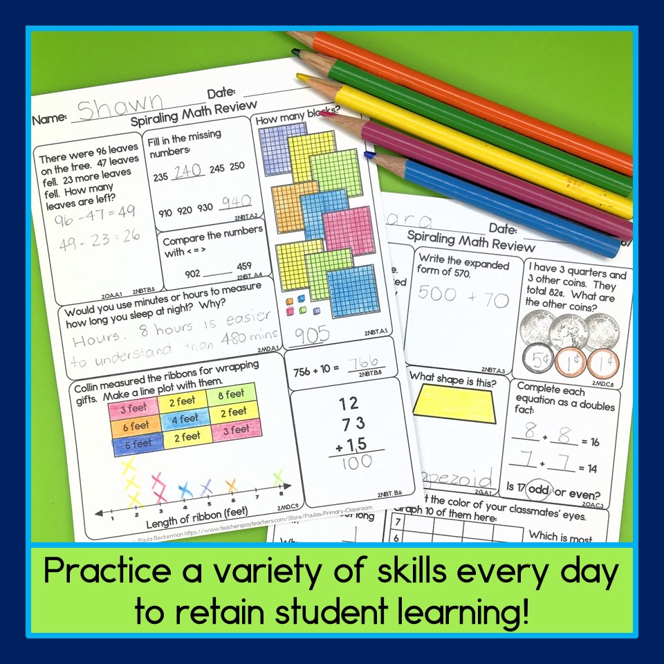 Math Spiral Review | 2nd Grade Daily Worksheets Morning Work Homework ...