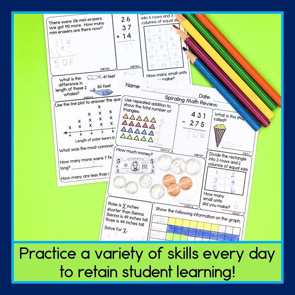 Math Spiral Review | 2nd Grade Daily Worksheets Morning Work Homework ...