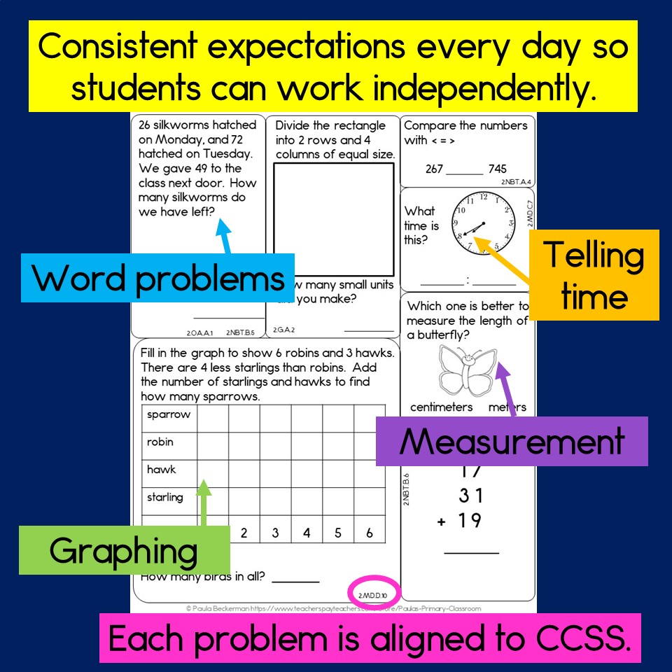 Math Spiral Review | 2nd Grade Daily Worksheets Morning Work Homework ...