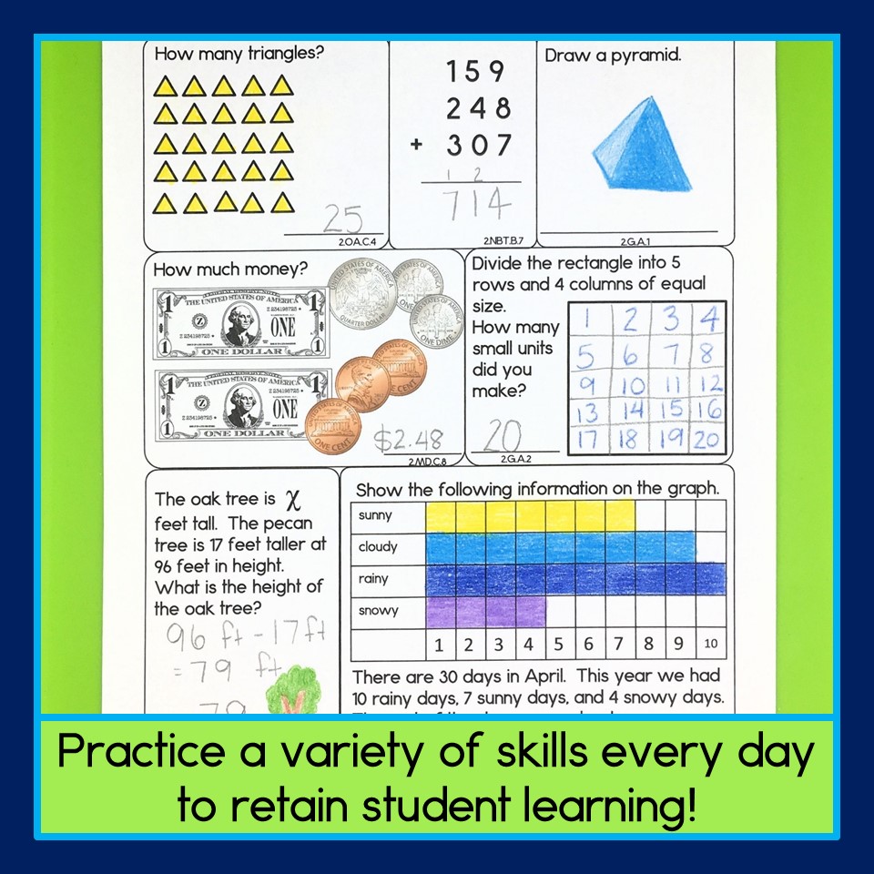 Math Spiral Review | 2nd Grade Daily Worksheets Morning Work Homework ...