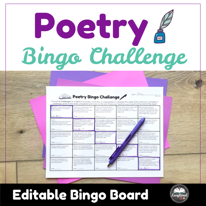 Poetry Bingo Challenge w/Editable Bingo Board! Great for National ...