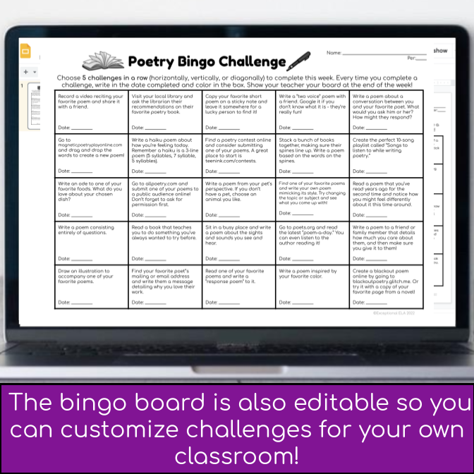 Poetry Bingo Challenge w/Editable Bingo Board! Great for National ...