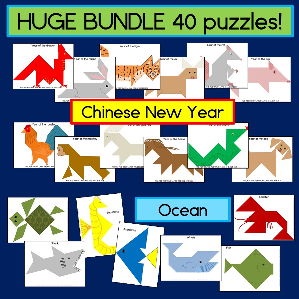 Tangrams Bundle 2D Shape Printable Math Center Ocean | Farm | Spring ...