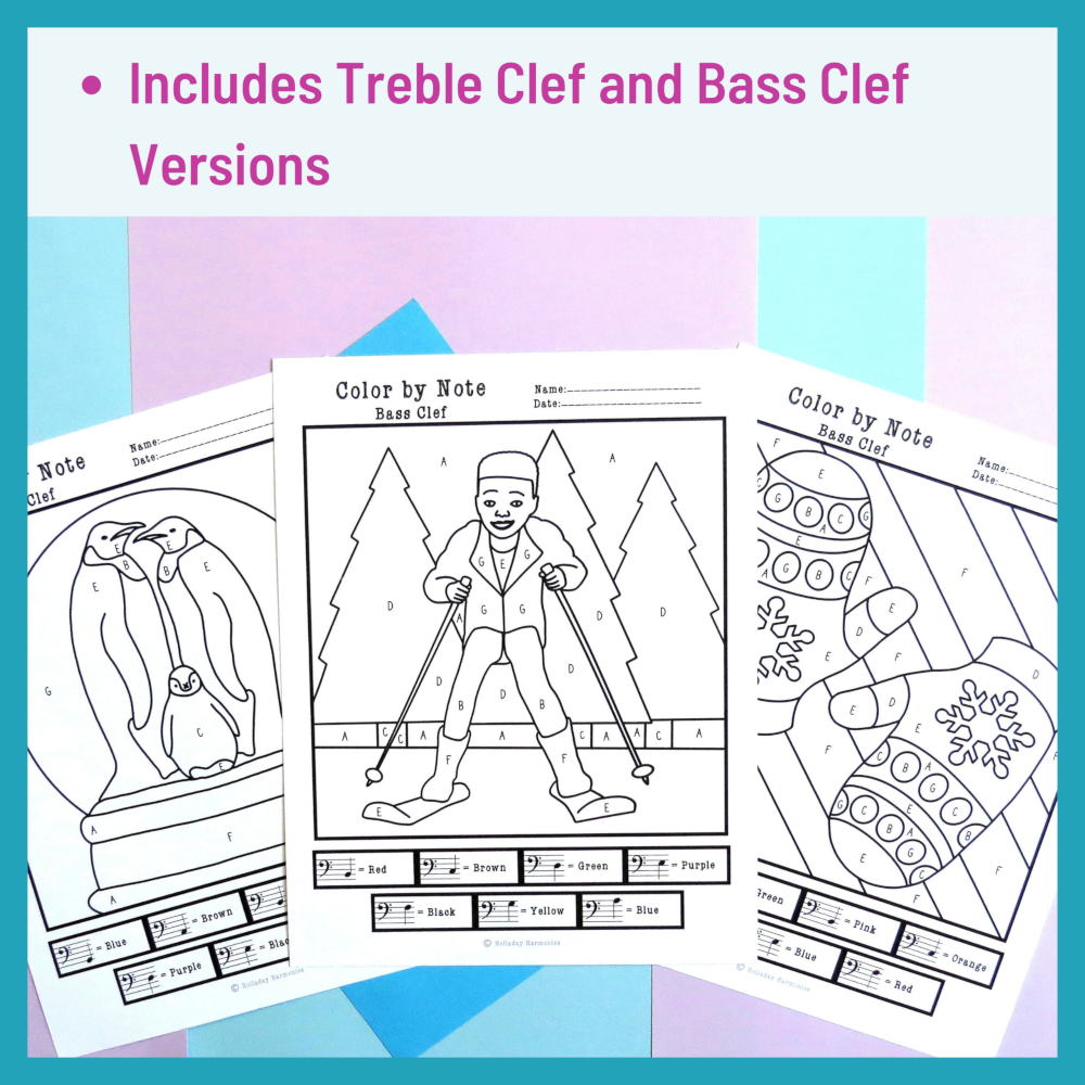 Winter Themed Color by Note - Treble Clef and Bass Clef | Made By Teachers