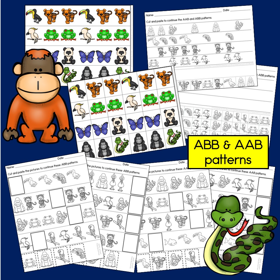 Rainforest Animal Patterns Math Centers with AB ABC and ABB Patterns ...