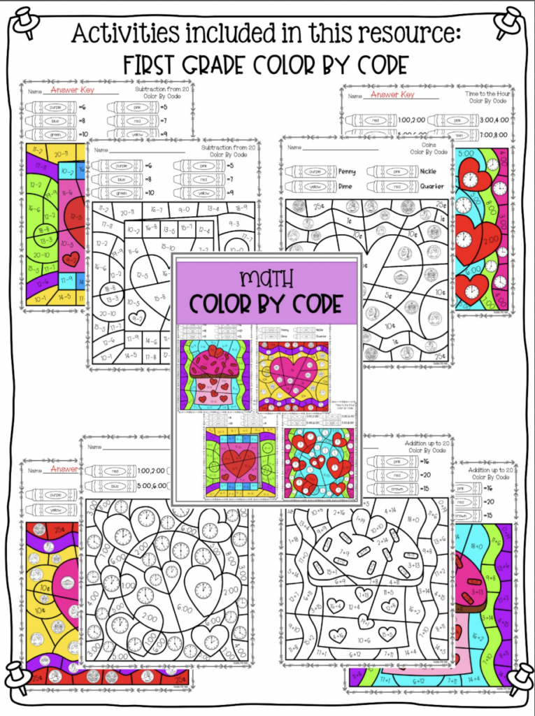 Valentine Math and Literacy Color By Code for First Grade | Made By ...