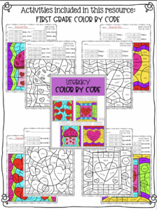 Valentine Math and Literacy Color By Code for First Grade | Made By ...