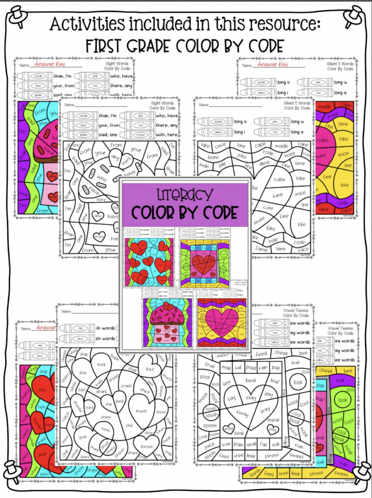 Valentine Math and Literacy Color By Code for First Grade | Made By ...
