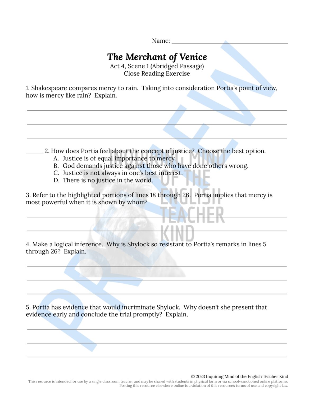 The Merchant of Venice Close Reading Analysis Worksheets Bundle | Made ...