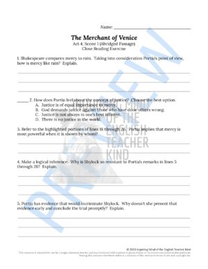 The Merchant of Venice Close Reading Analysis Worksheets Bundle | Made ...