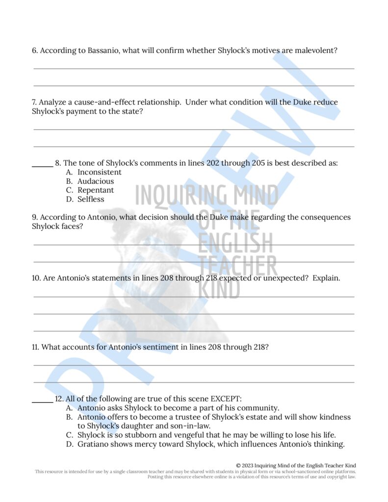 The Merchant of Venice Close Reading Analysis Worksheets Bundle | Made ...