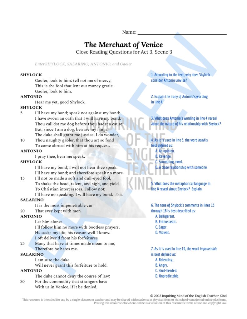 The Merchant of Venice Close Reading Analysis Worksheets Bundle | Made ...