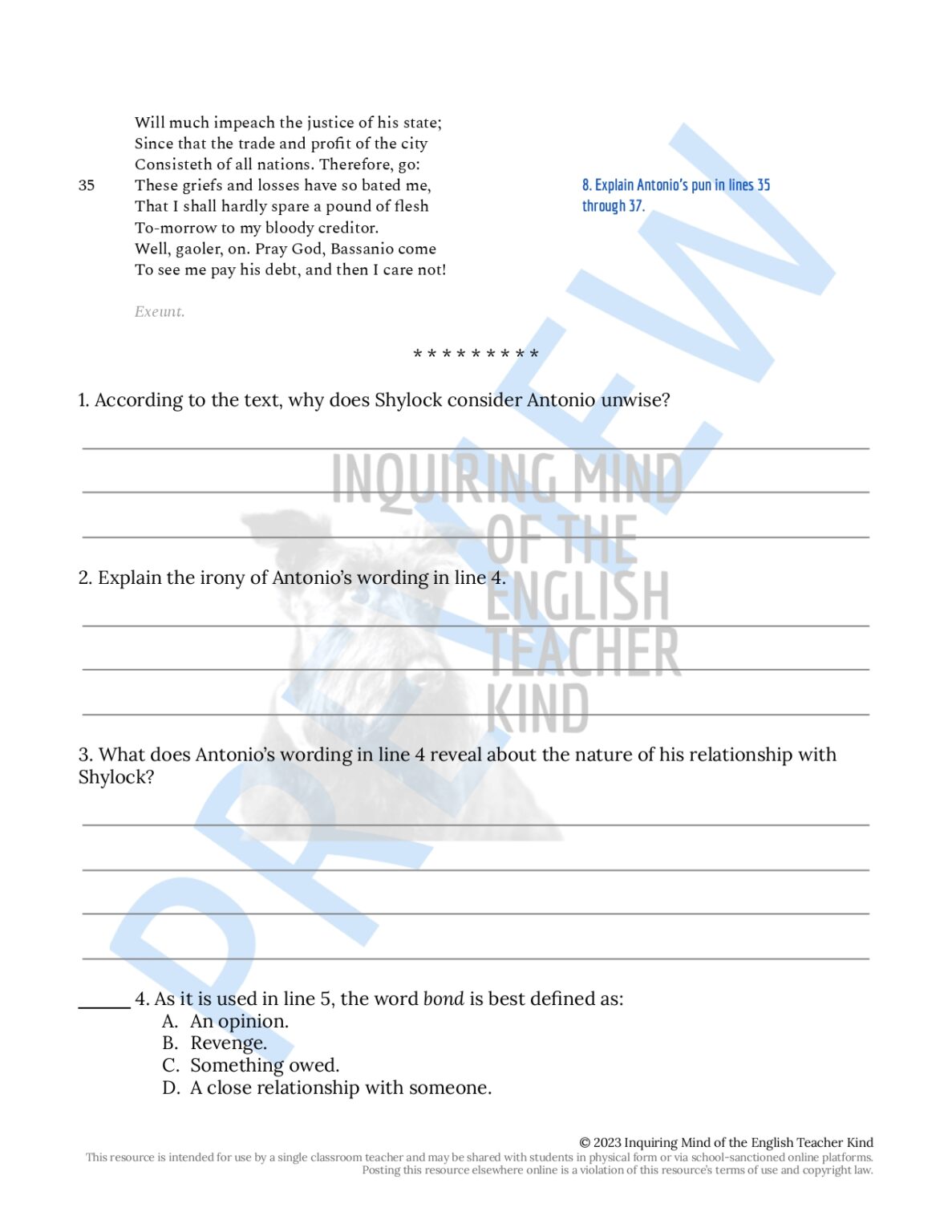 The Merchant of Venice Close Reading Analysis Worksheets Bundle | Made ...