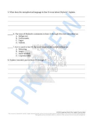 The Merchant of Venice Close Reading Analysis Worksheets Bundle | Made ...