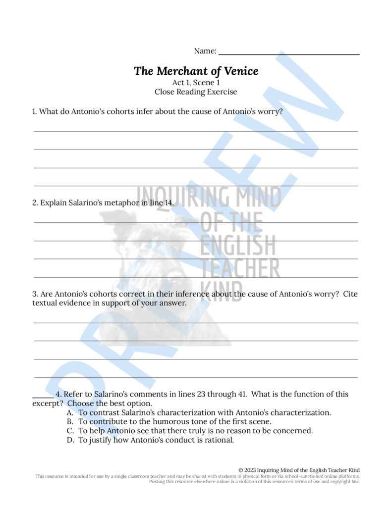 The Merchant of Venice Close Reading Analysis Worksheets Bundle | Made By Teachers