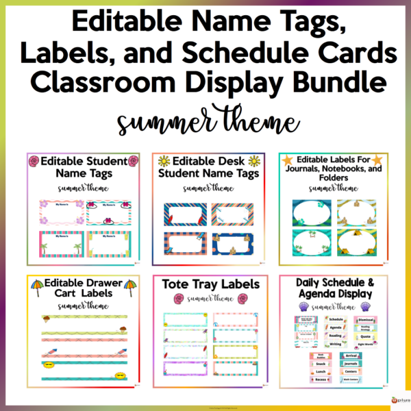 Editable Name Tags, Labels, Daily Agenda Reminders Summer Theme Bundle ...