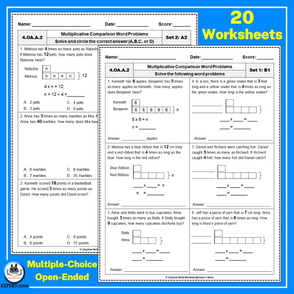 Multiplicative Comparison Word Problems Worksheets & Task Cards Bundle ...