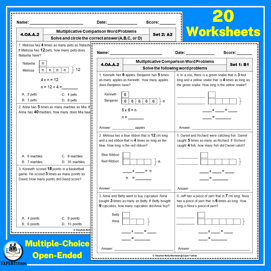Multiplicative Comparison Word Problems Worksheets & Task Cards Bundle ...
