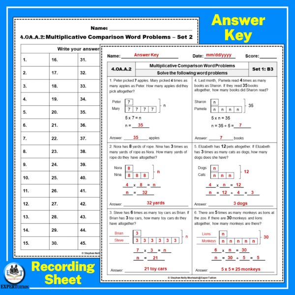 Multiplicative Comparison Word Problems Worksheets & Task Cards Bundle ...