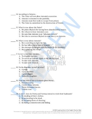 The Merchant of Venice Summative Test and Answer Key | Made By Teachers