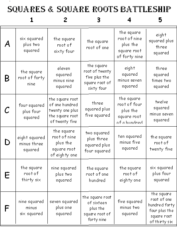 Squares and Square Roots Battleship w Less Than Greater Than | Made By ...