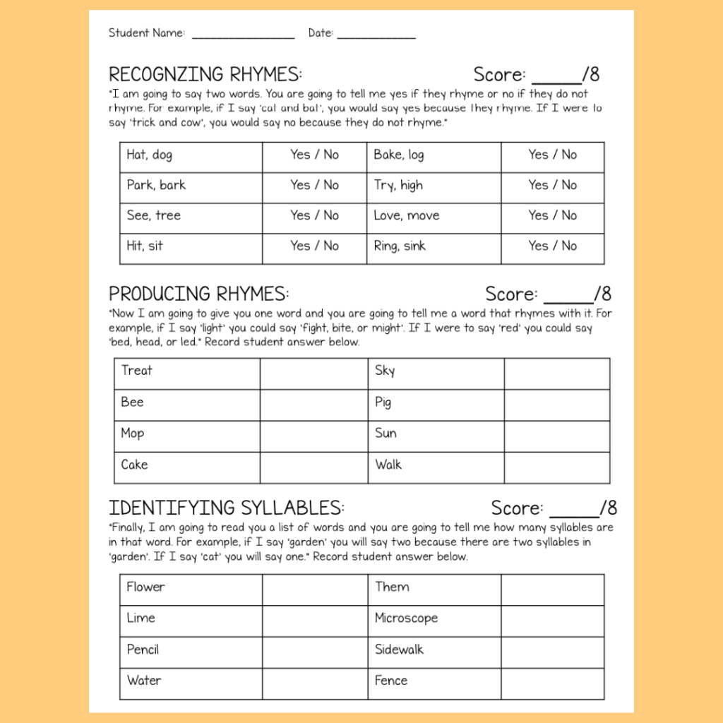 Rhyming and Syllables Assessment (Kindergarten) | Made By Teachers