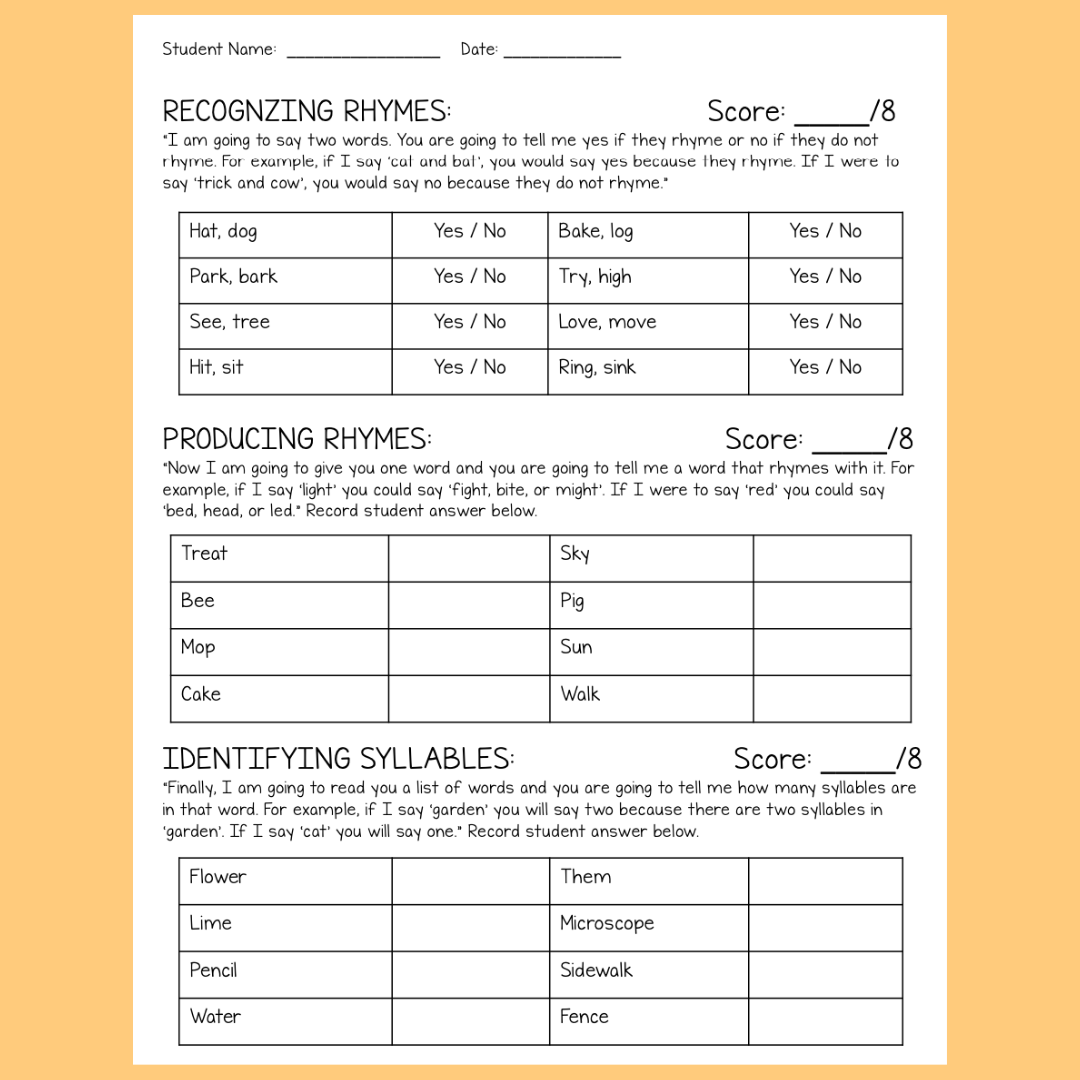 Rhyming and Syllables Assessment (Kindergarten) | Made By Teachers