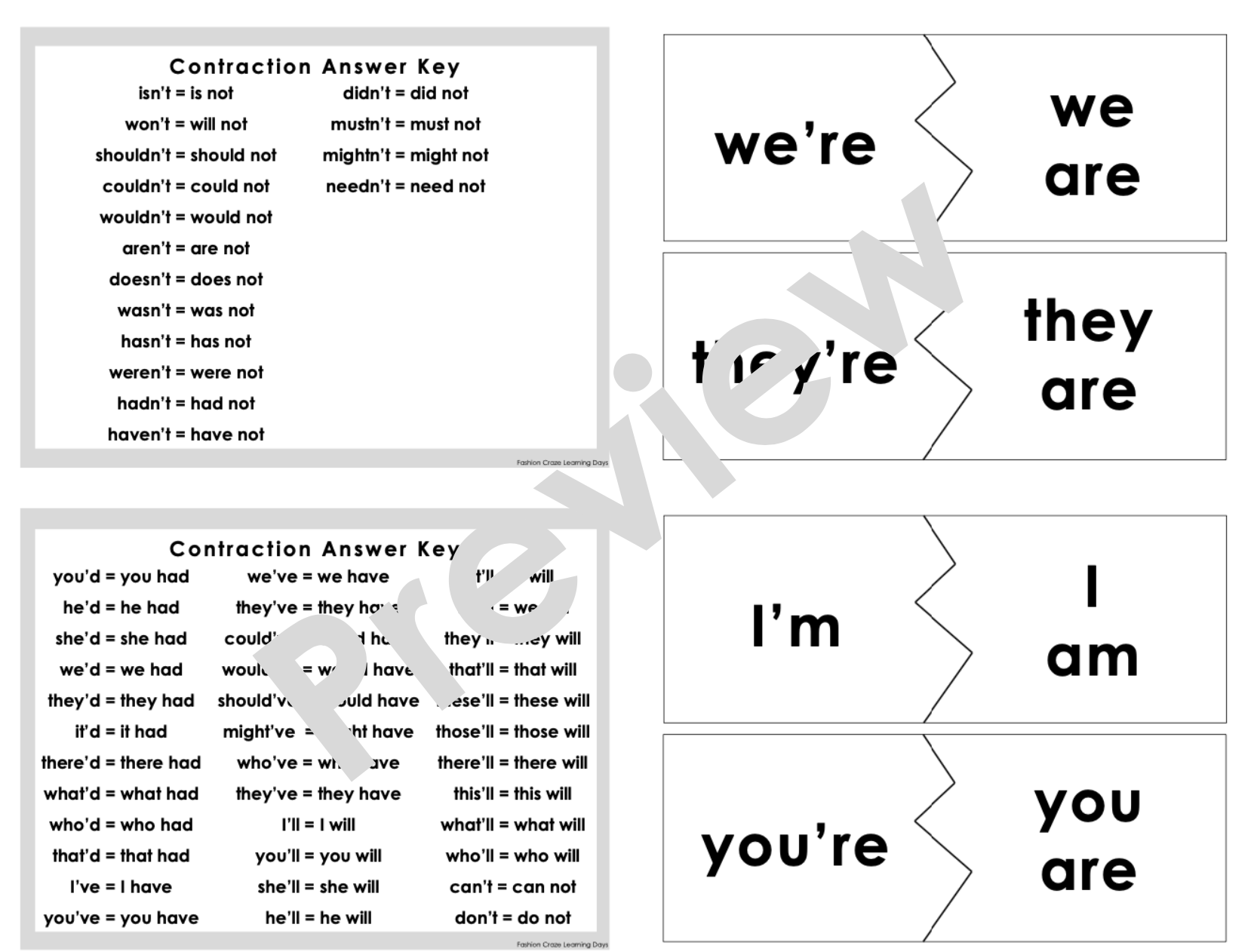 Contraction Puzzles with 88 Contractions Families | Made By Teachers